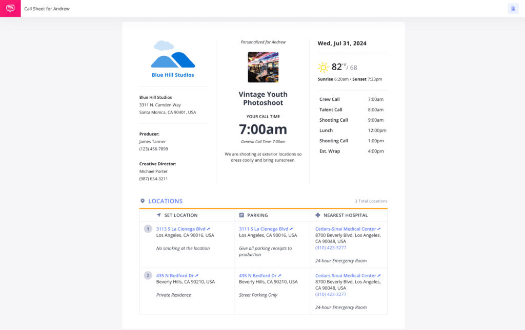 Sample Photoshoot Call Sheet Template | StudioBinder