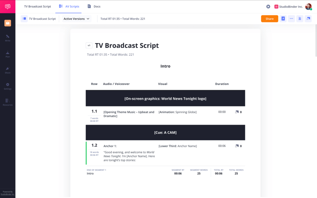 News Broadcast AV Script Template