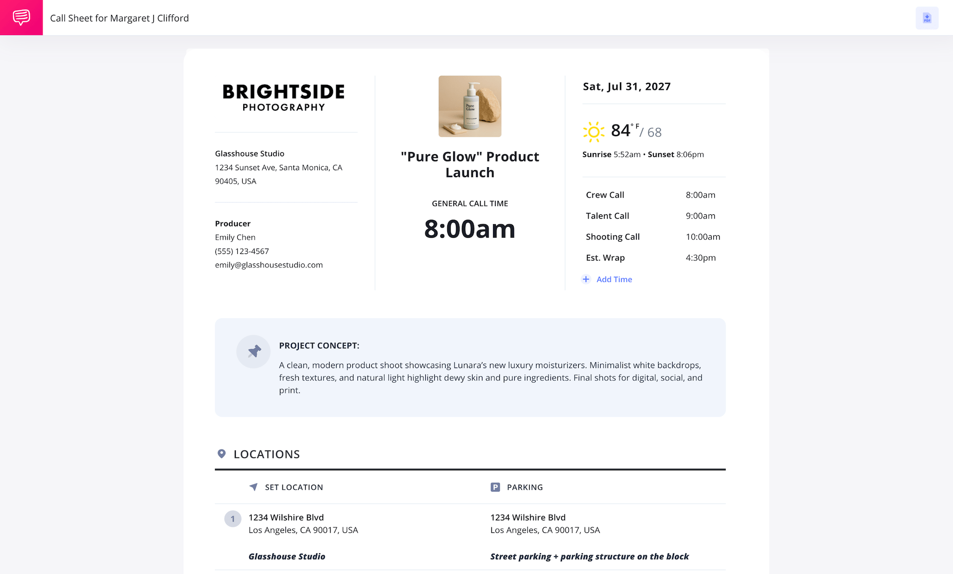 Sample Photoshoot Call Sheet Template | StudioBinder